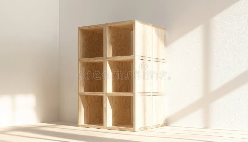 Minimalist Modular Cube Storage in Light Wood, Bright Studio Lighting ...