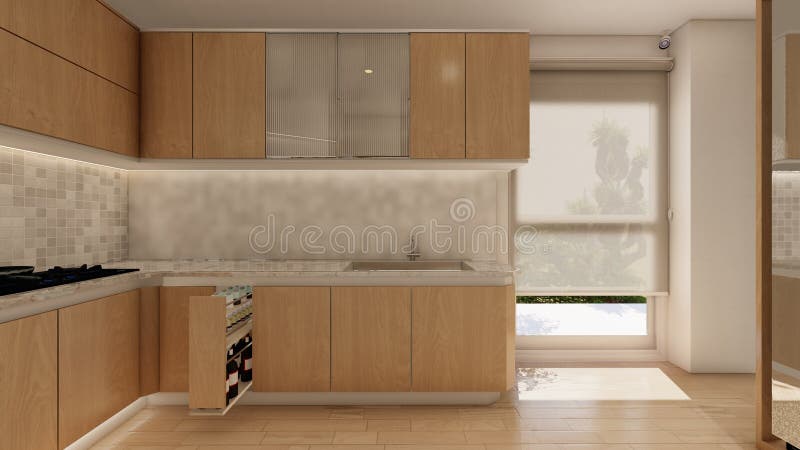 Minimalist Modular Kitchen with Natural Wood Cabinets and Soft Lighting ...