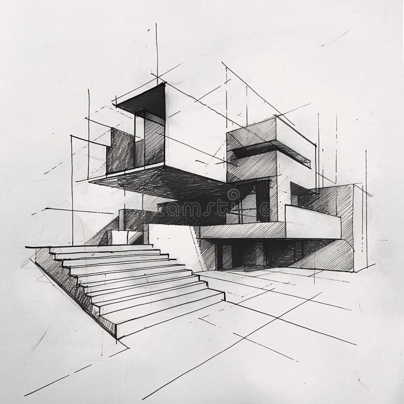 A Minimalist, Monochromatic Sketch of a Modern Architectural Structure ...