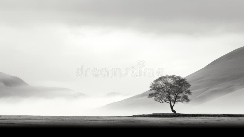 A Minimalist Monochrome Landscape with a Lone Tree Stock Illustration ...