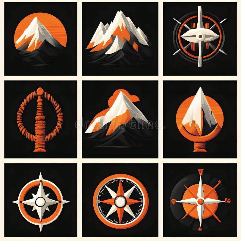 Minimalist Mountain and Compass Illustrations Orange and Black Vector ...