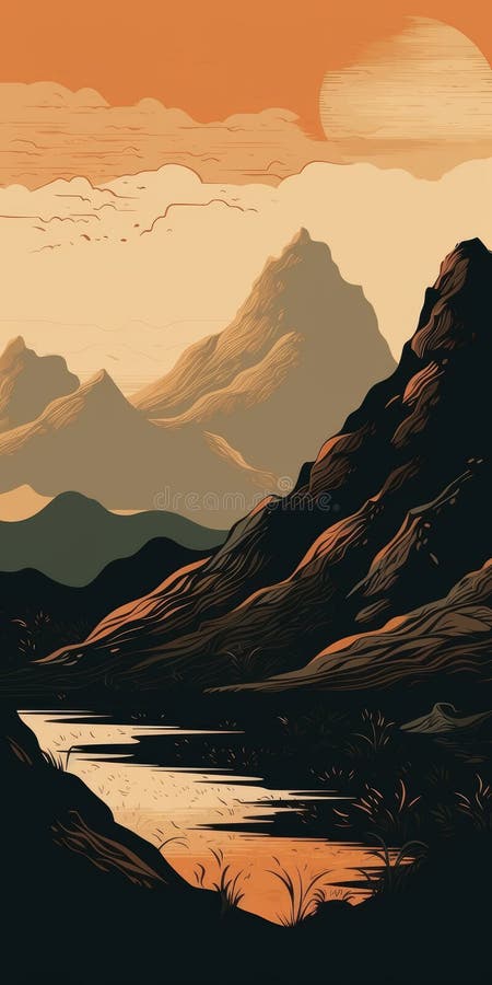 Minimalist Mountain Landscape in Boho Art Style Stock Illustration ...