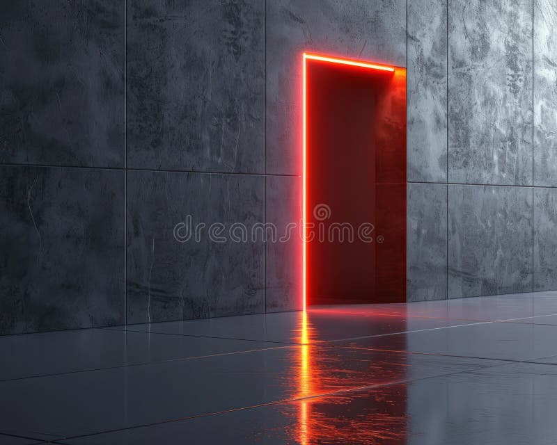 Minimalist Mystery: Grey Line Wall with Ajar Section Revealing Red Glow ...