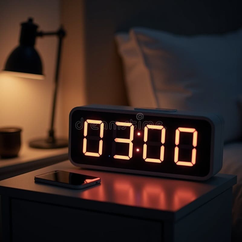 Minimalist Nightstand with Illuminated Digital Clock at 0300 Stock ...