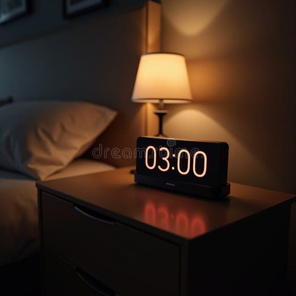 Minimalist Nightstand with Illuminated Digital Clock at 0300 Stock ...