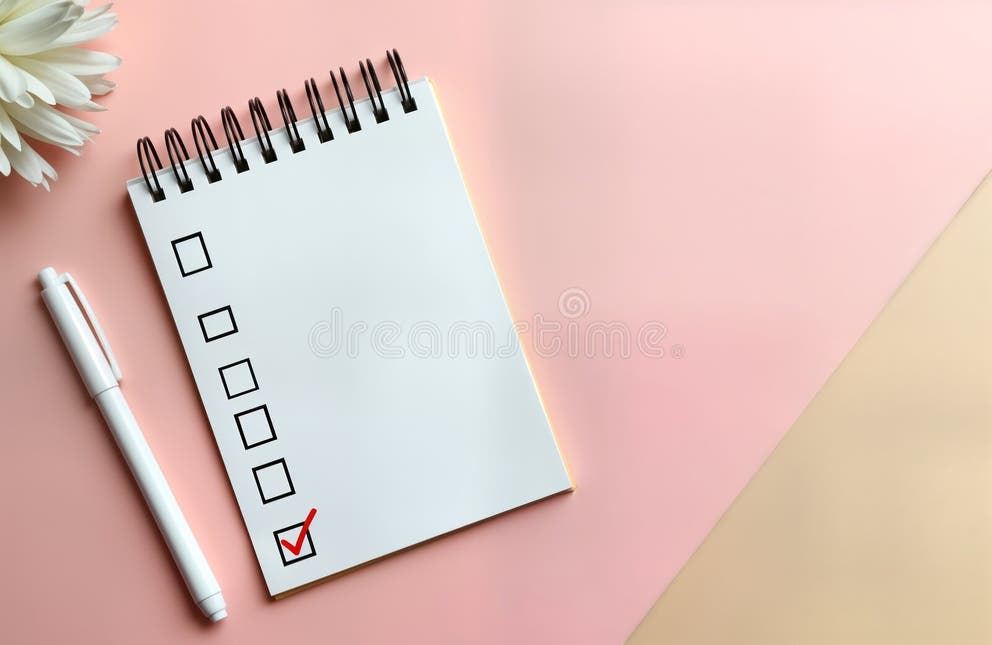 Minimalist Notepad with Empty Checkboxes, White Pen Sits on Soft Pink ...