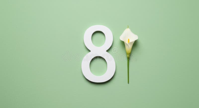 Minimalist Number Eight and Calla Lily on Soft Green Background Stock ...