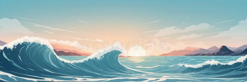 Minimalist Ocean Scene with Gentle Rolling Waves in Simple Art Style ...