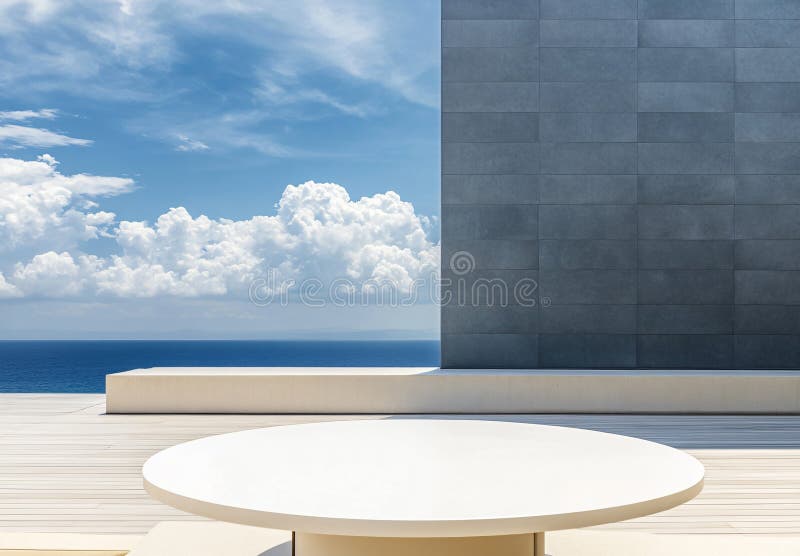 Minimalist Ocean View Terrace with Round Table and High Quality Image ...