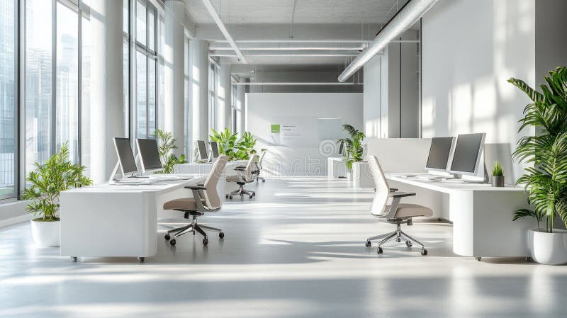Minimalist Office, Bright, Clean Open-plan Office Featuring Rows of ...