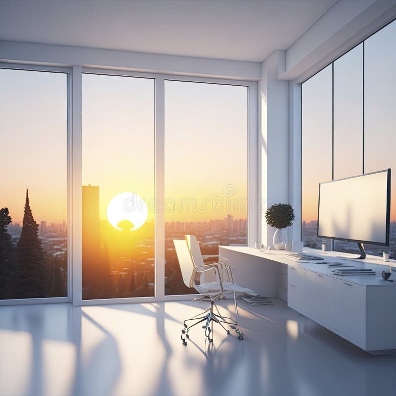 A Minimalist Office with a Bright, White Interior and a Large Window ...