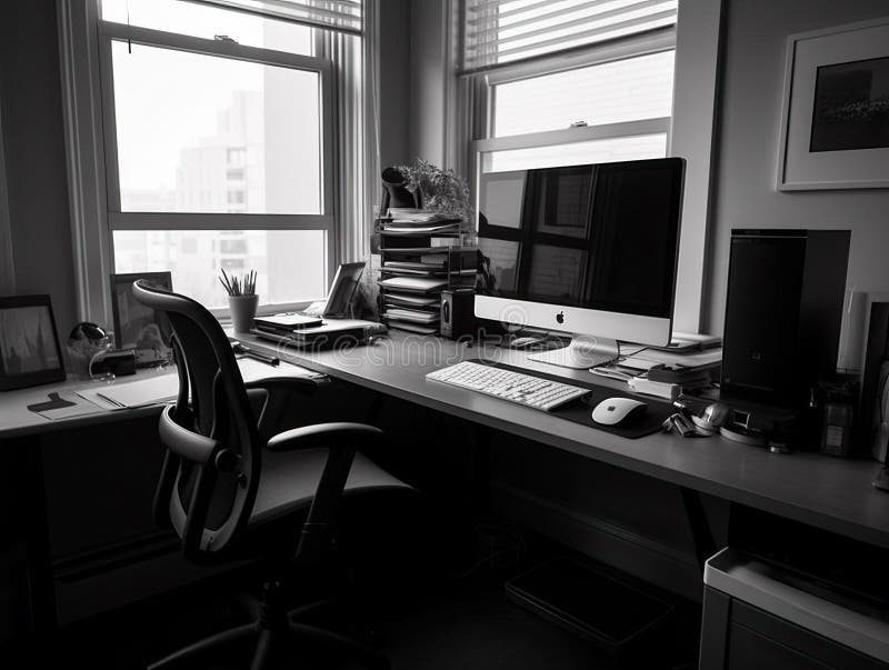 Minimalist Office with Computer and Adjustable Standing Desk Stock ...