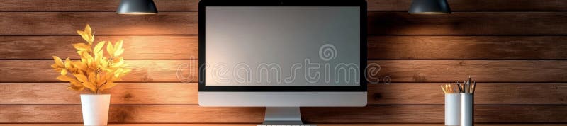 Minimalist Office Desk with Blank Computer Screen and Overhead Light ...