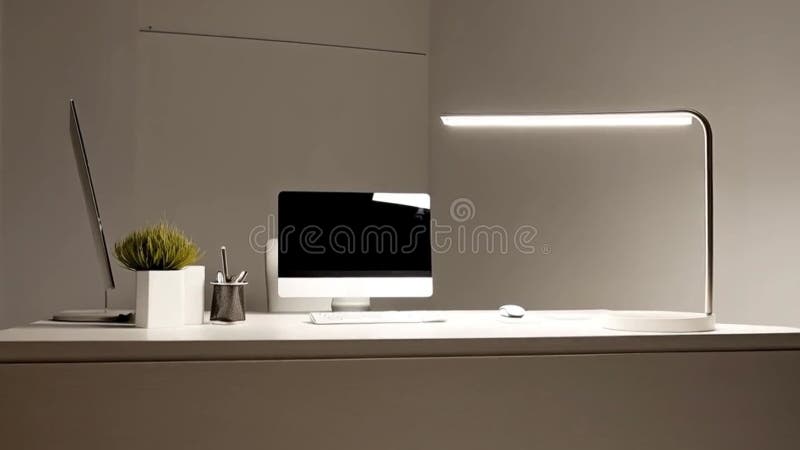Minimalist Office Desk with Computer, Gray and White, Modern Workspace ...