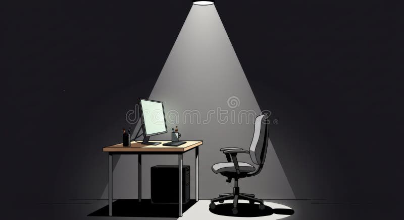 Minimalist Office Desk Setup with Chair Under Spotlight in Dark Room ...