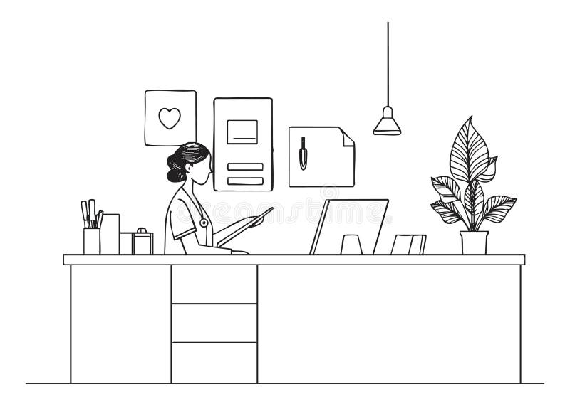 Minimalist Office Illustration with Woman at Desk, Computer, and Plant ...