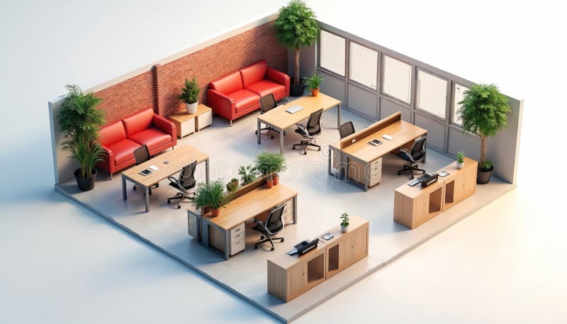 Minimalist Office Layout with Desks, Chairs, Red Sofas and Plants ...