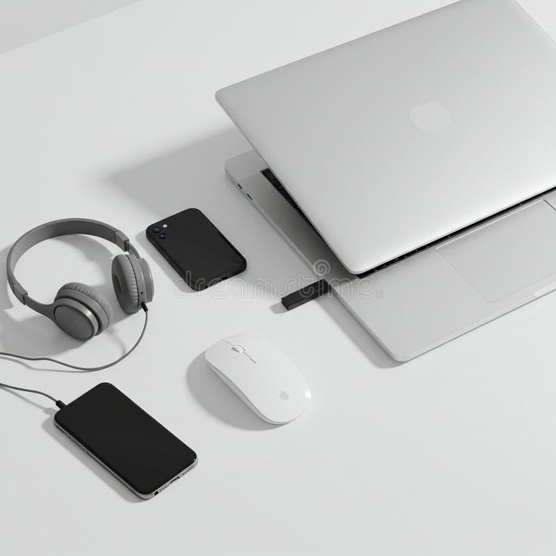 A Minimalist Office Setup Featuring a Silver Laptop Partially Open on a ...