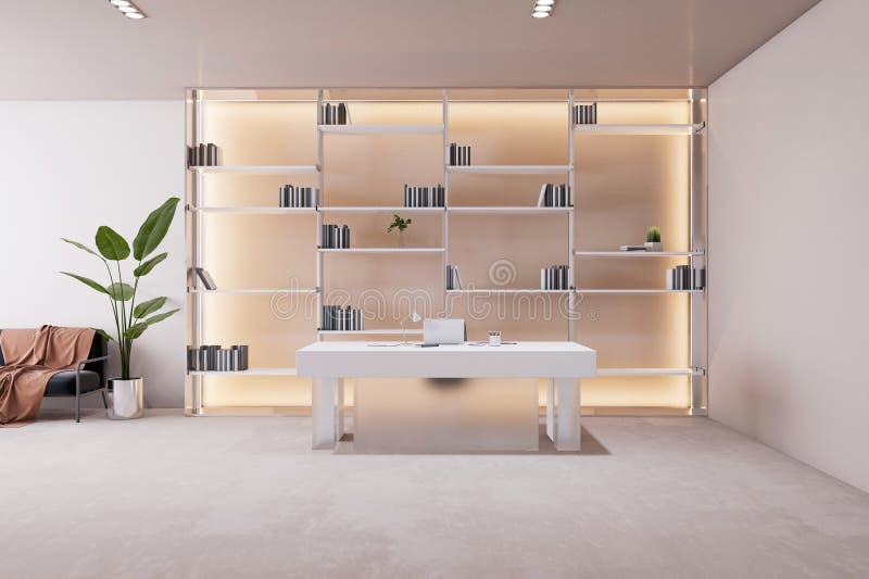 Minimalist Office Setup with White Desk and Shelves, Clean Beige ...