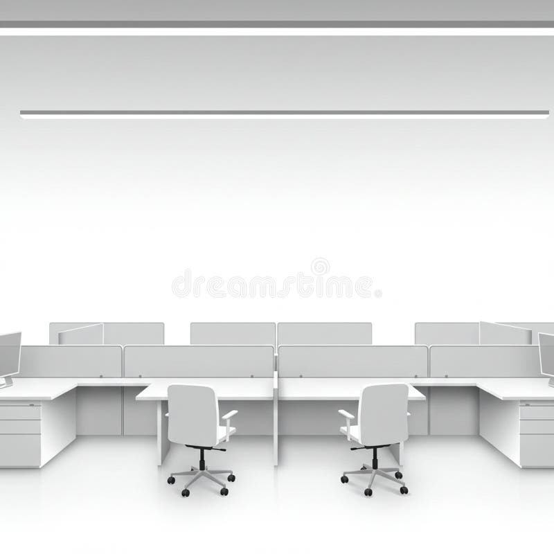 A Minimalist Office Space Featuring a Series of White Cubicles Arranged ...