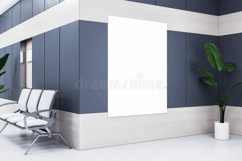 Minimalist Office Waiting Area with a Blank White Poster on Dark Blue ...