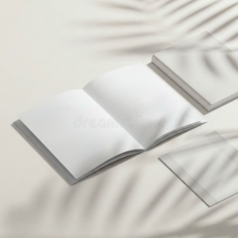 Minimalist Open Book Mockup with Leaf Shadows on Fabric Background ...