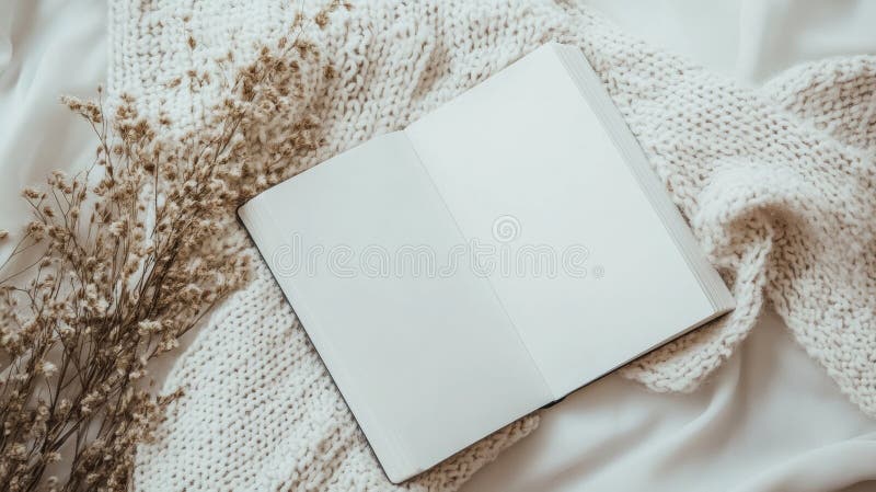 Minimalist Open Book Resting on Soft Knitted Fabric with Neutral ...