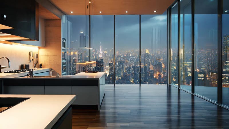 Minimalist Open-Plan Kitchen and Dining Space with Floor-to-Ceiling ...