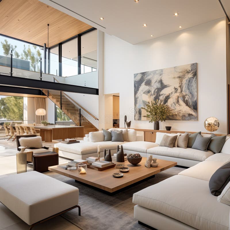 Modern Open Plan Living Room with Mezzanine Overlooking Dining Area ...