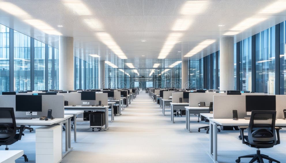 Minimalist Open Plan Office Design Featuring Ergonomic Workstations in ...