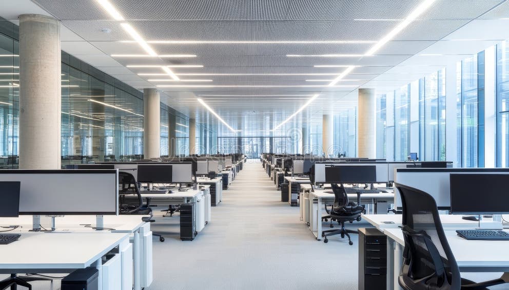 Minimalist Open Plan Office Featuring Rows of Ergonomic Workstations ...