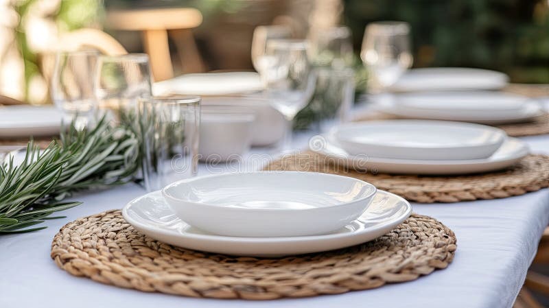A Minimalist Outdoor Dining Setup with Clean White Plates and Woven ...