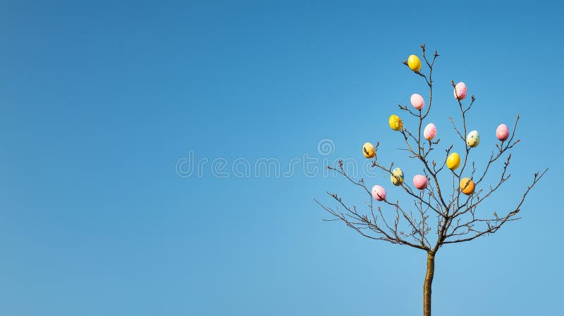 Minimalist Outdoor Easter Tree Decorated with Colorful Eggs Against a ...