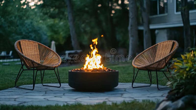 A Minimalist Outdoor Fire Pit Styled with Modern Chairs and a Glowing ...