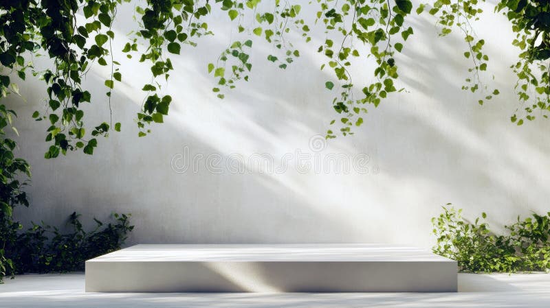 Minimalist Outdoor Platform with Lush Green Vines and Sunlit Wall Stock ...