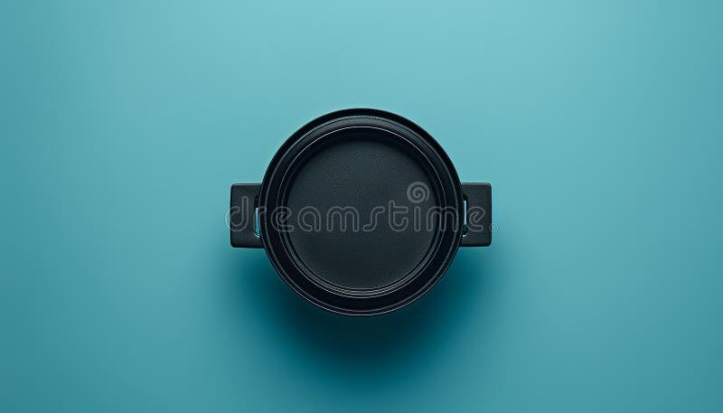 Minimalist Overhead View of Black Cooking Pot on Aqua Blue Background ...