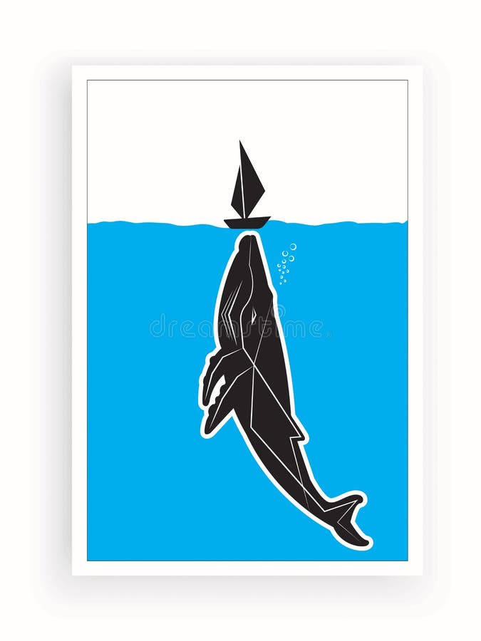 Whale Silhouette Under the Sea and a Boat, Vector. Minimalist Art ...