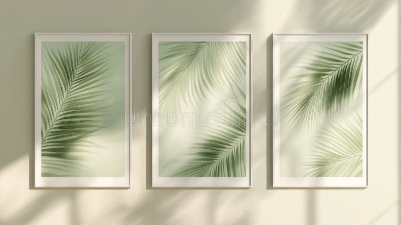 Minimalist Palm Leaf Art in White Frames with Soft Ambient Light Stock ...