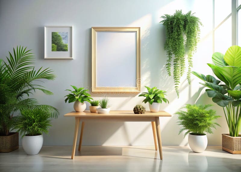 A Minimalist Parlor Oasis Empty Frame Bright Wall and Lush Plants ...