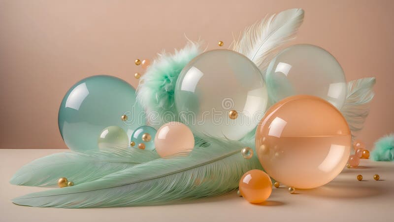 Minimalist Pastel Design with Mint Green and Peach Spheres, Feathers ...