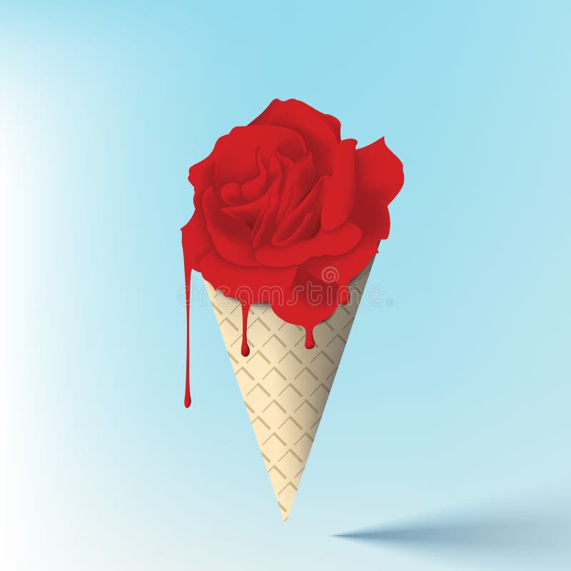 Minimalist Pastel Red Rose Melting in Ice Cream Con on Blue Background ...