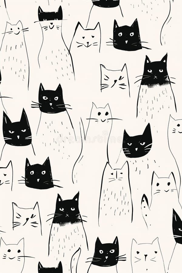 Minimalist Pattern Featuring Simple Black Cat Illustrations on a White ...