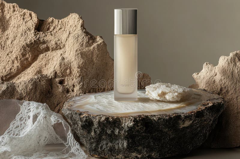 A Minimalist Perfume Bottle Displayed on Textured Rocks and a Natural ...