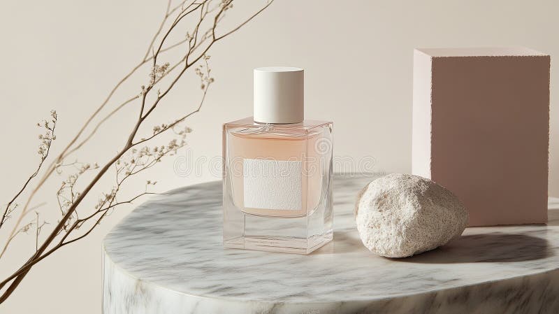 A Minimalist Perfume Bottle with a Pastel Label, Styled on a Marble ...