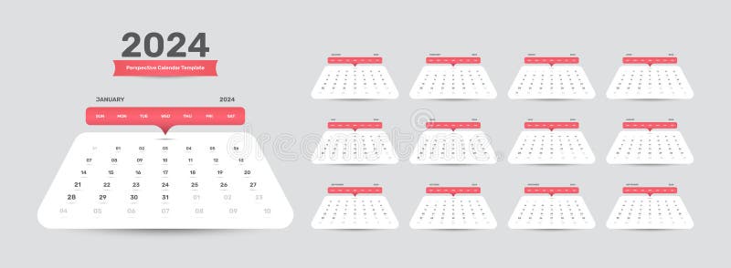 Minimalist Perspective Calendar Template of 2024 with Drop Shadow and ...