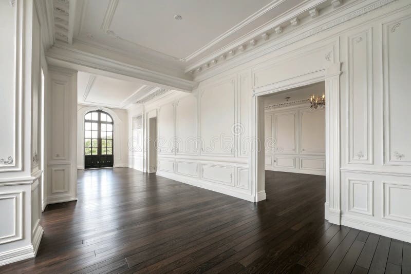 Perspective of White Empty Room with Dark Laminate Floor Stock ...