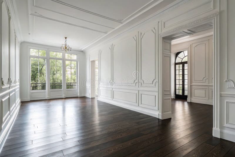 Perspective of White Empty Room with Dark Laminate Floor Stock ...