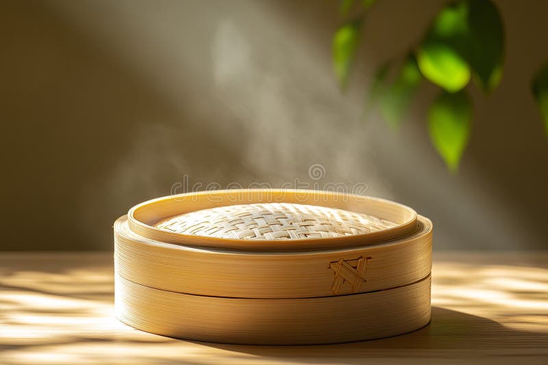 A Minimalist Photo of a Single Bamboo Steamer Basket with Soft Light ...