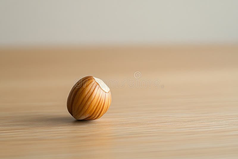 A Minimalist Photo of a Single Hazelnut Placed on a Smooth Wooden Stock ...