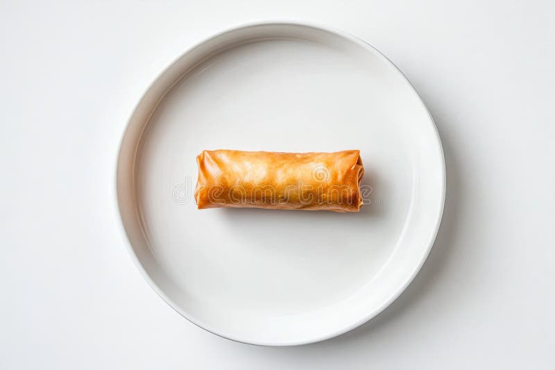 A Minimalist Photo of a Single Spring Roll Resting on a White Ceramic ...